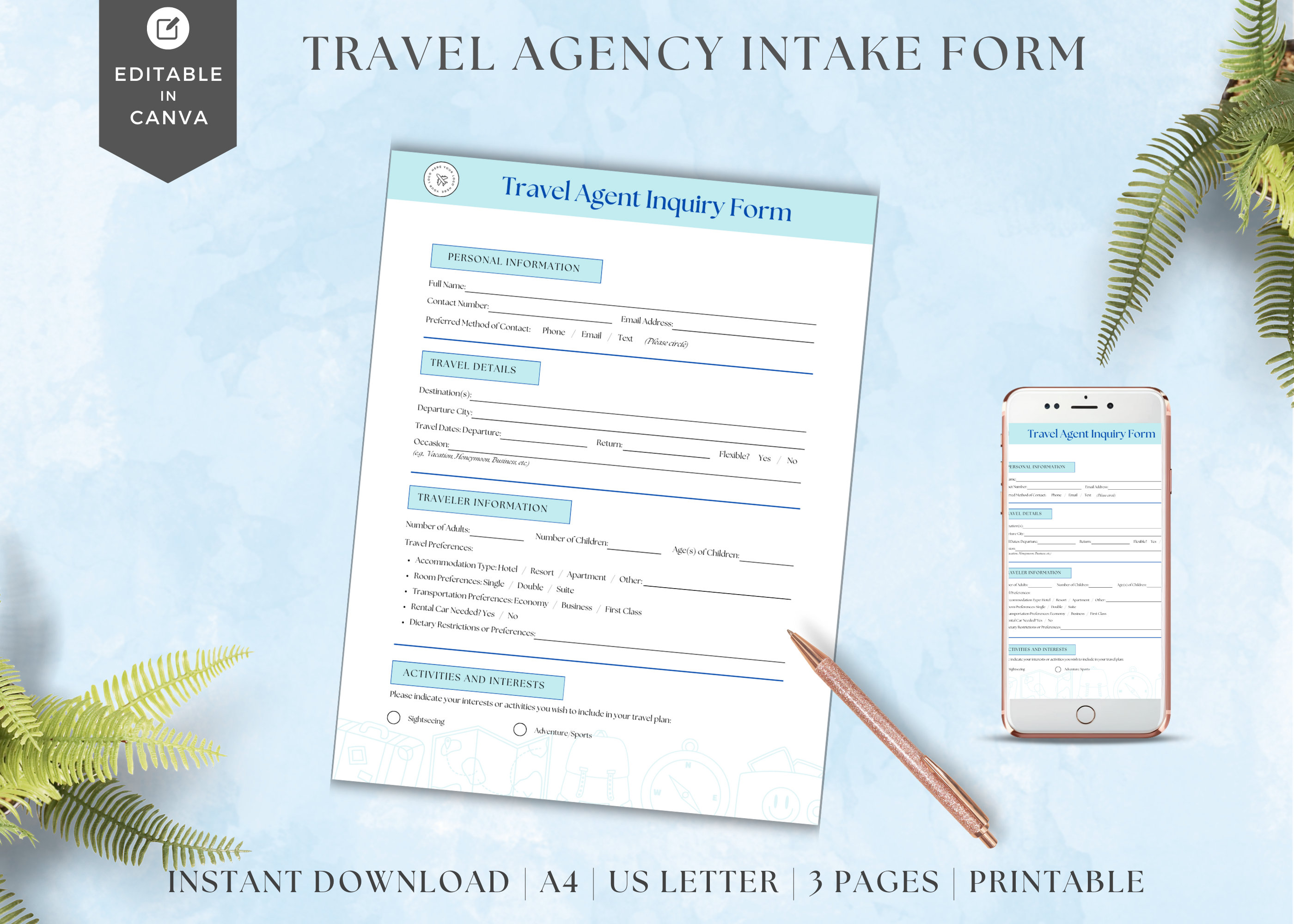 Travel Inquiry Form | INSTANT DOWNLOAD | Vacation Consultation ...