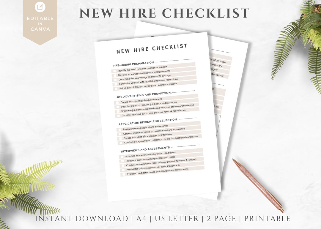 New Hire Checklist Printable INSTANT DOWNLOAD Employee Onboarding Plan ...