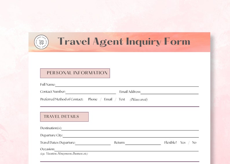Travel Agent Questionnaire | INSTANT DOWNLOAD | Vacation Inquiry ...