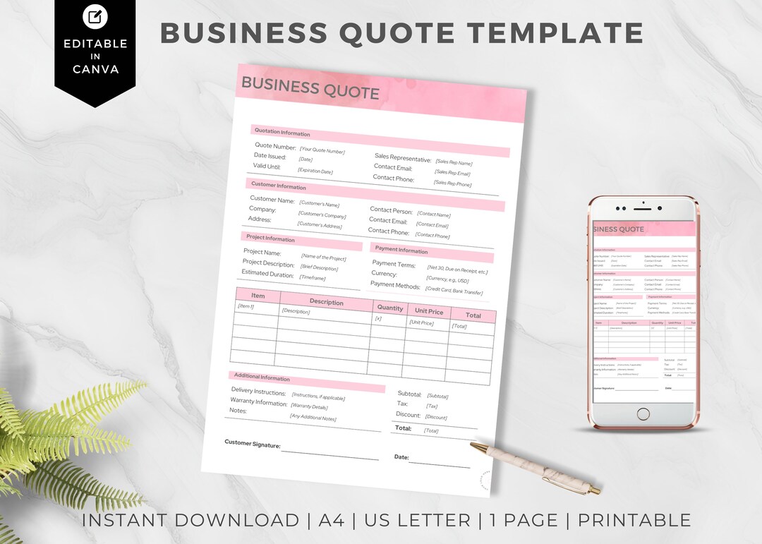 Printable Quote Form for Small Business Owners | Editable Business ...