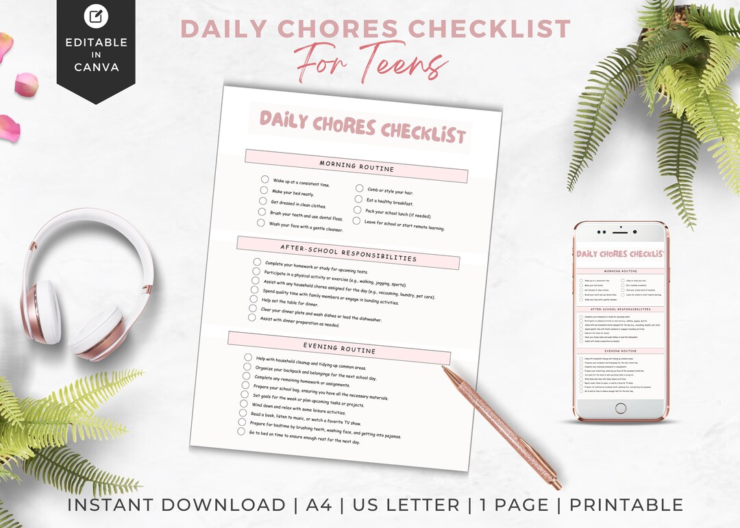 Kids Teens Weekly & Daily Tasks Printable Chart 2024 Summer Calendar ...