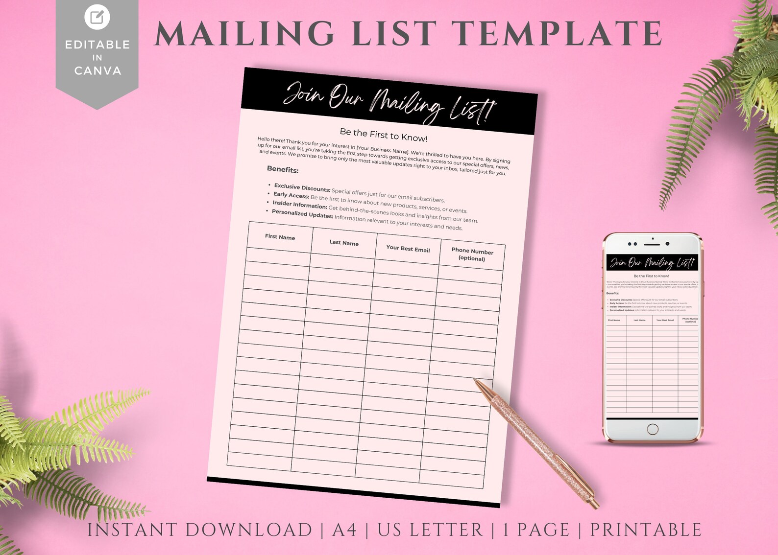Printable Sign up Sheet for Events | Editable in Canva | Email Sign up ...