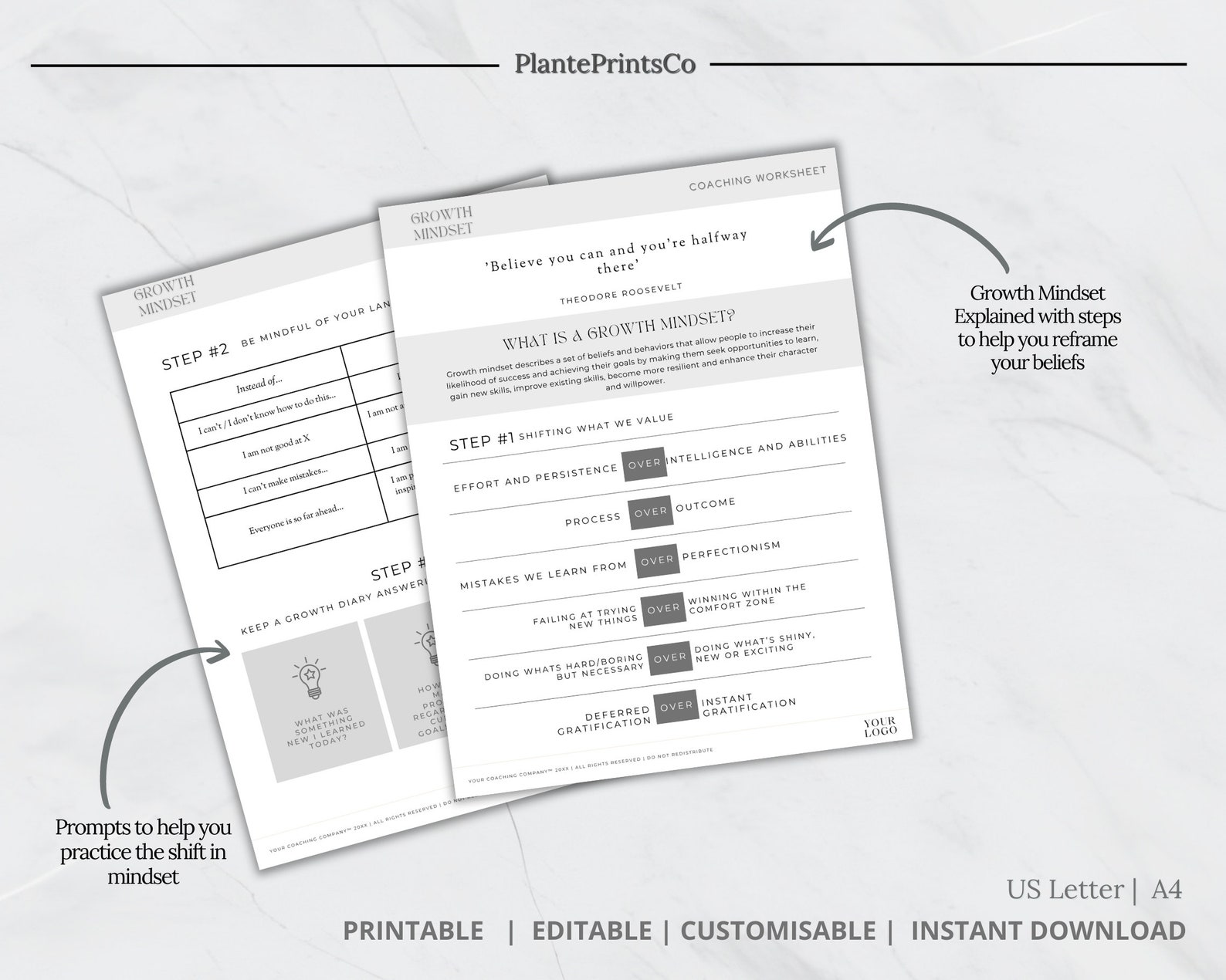 Coaching Worksheet, Growth Mindset, INSTANT DOWNLOAD, Printable ...