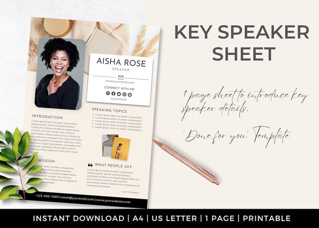 Speaker Sheet Template | INSTANT DOWNLOAD | Author Media Kit | One ...