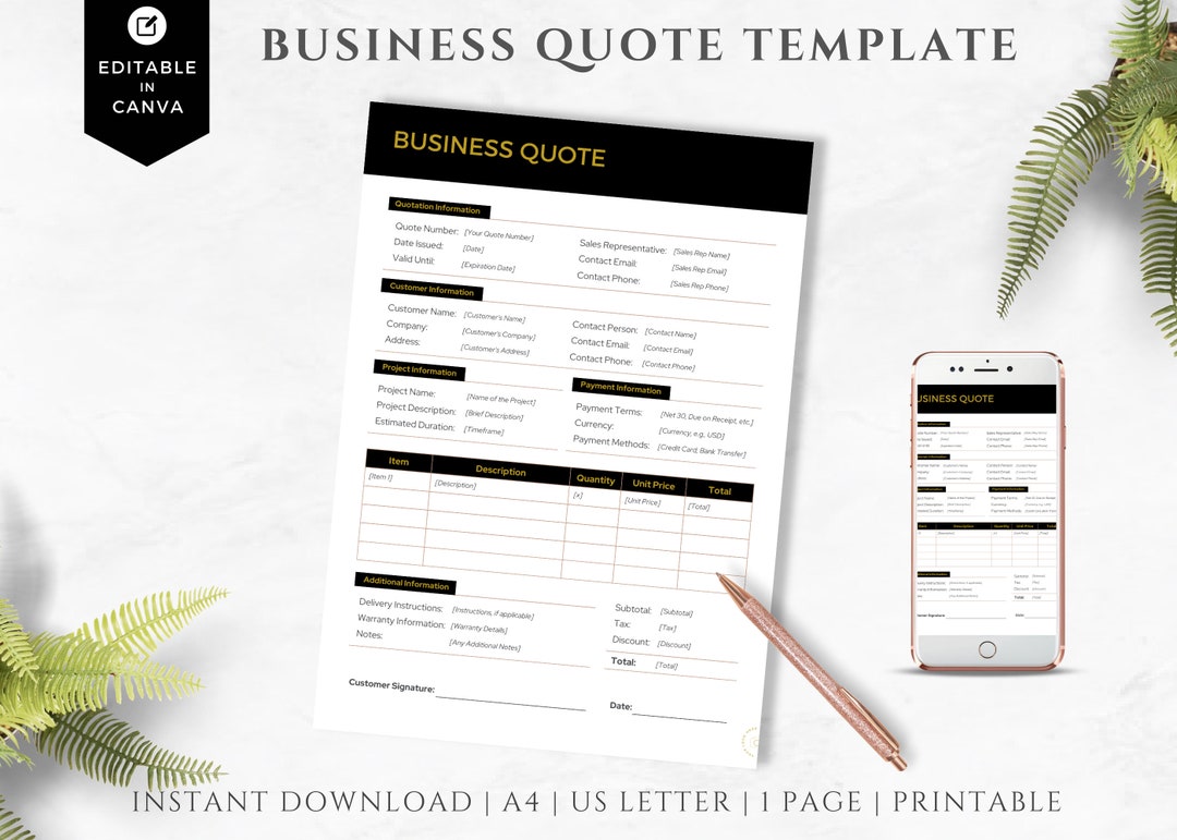 Editable Business Quote Form | INSTANT DOWNLOAD | Services Invoice ...