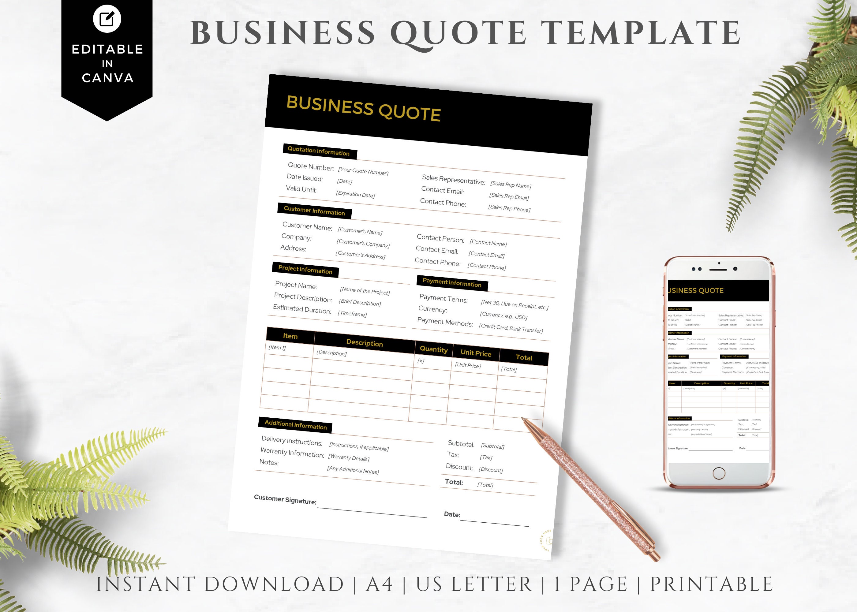 Editable Business Quote Form INSTANT DOWNLOAD Services Invoice Business ...