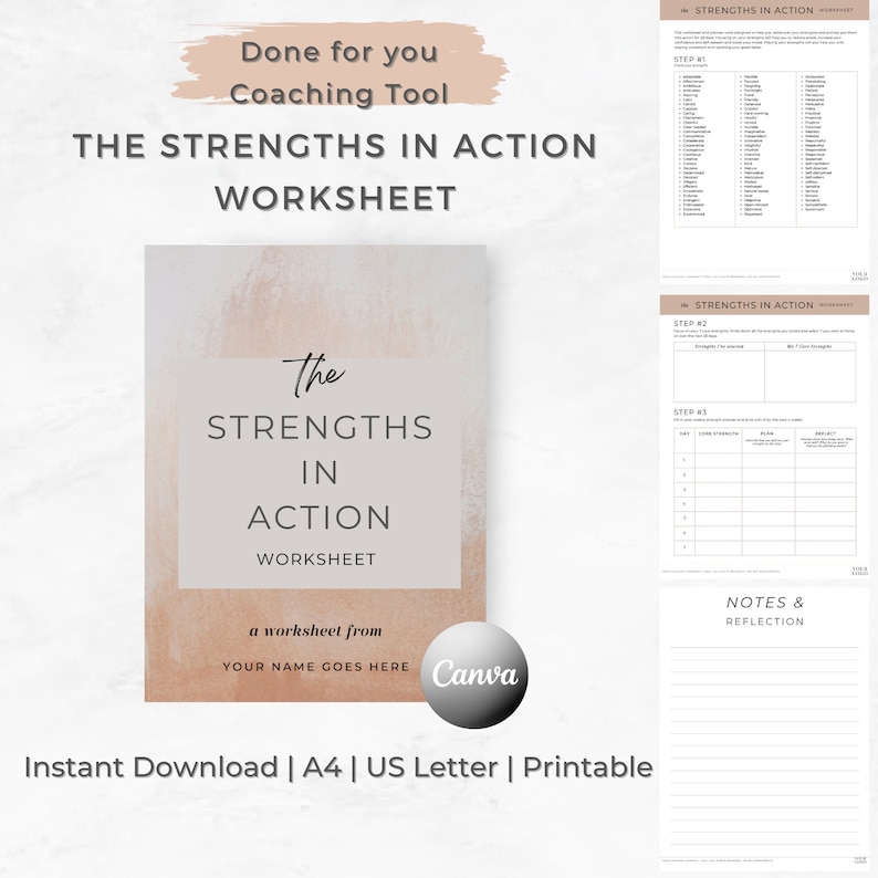Strengths in Action Worksheet, INSTANT DOWNLOAD, Done for You, Coaching ...