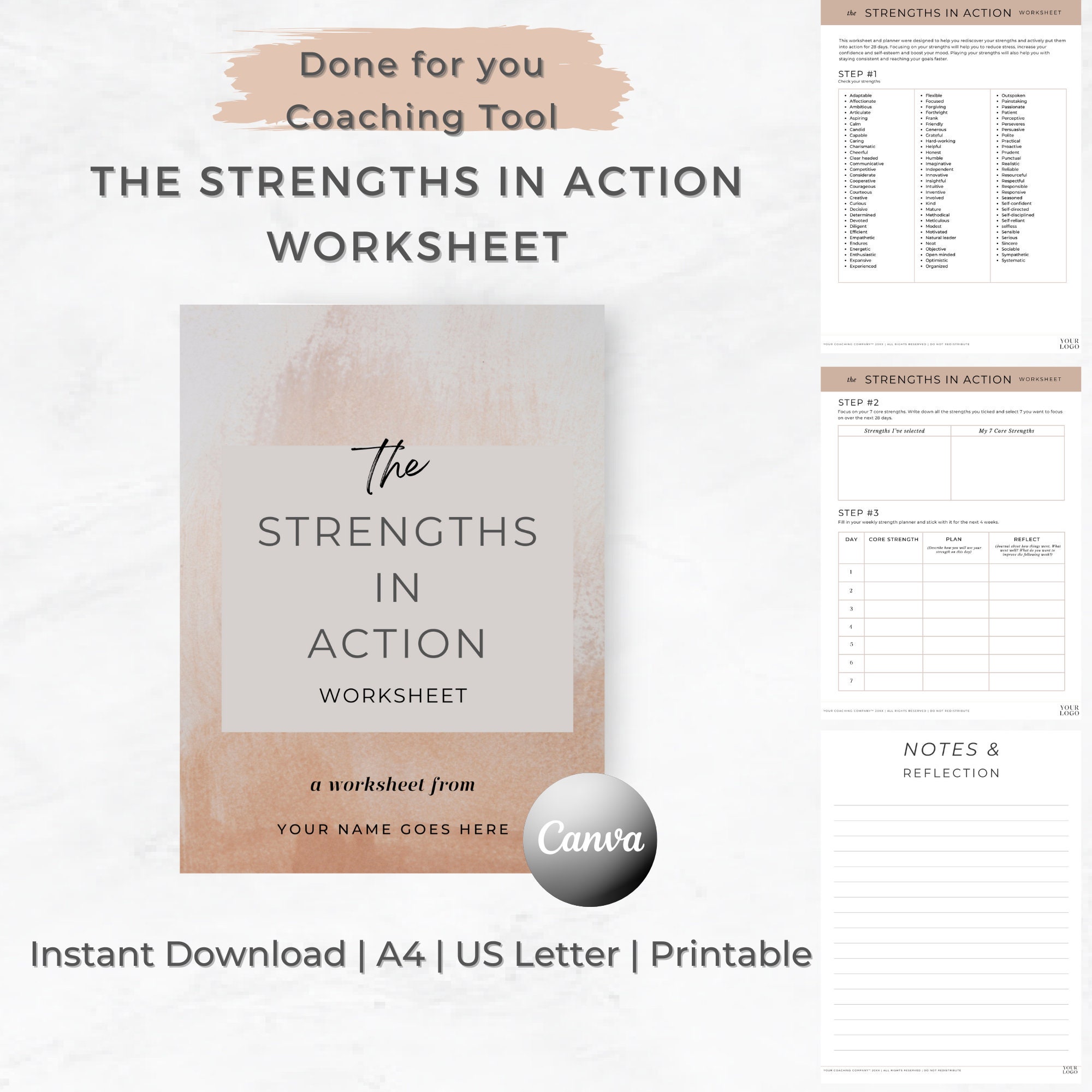 Strengths in Action Worksheet, INSTANT DOWNLOAD, Done for You, Coaching ...