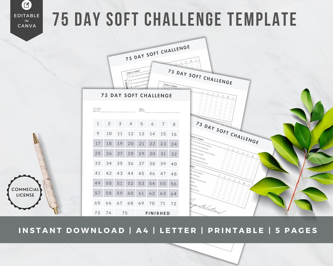 75 Soft Day Challenge Template INSTANT DOWNLOAD Habit Tracker Editable ...