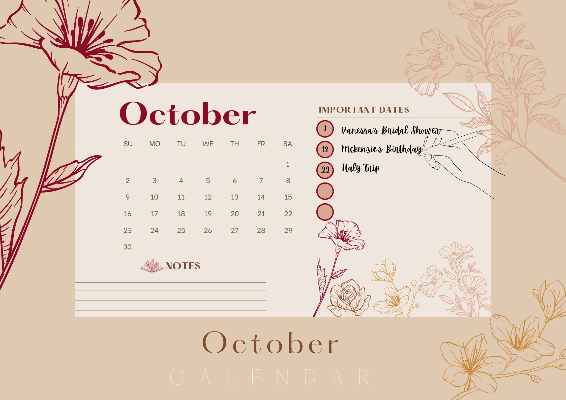 A3 October Printable Calendar, Floral Burgundy - Etsy