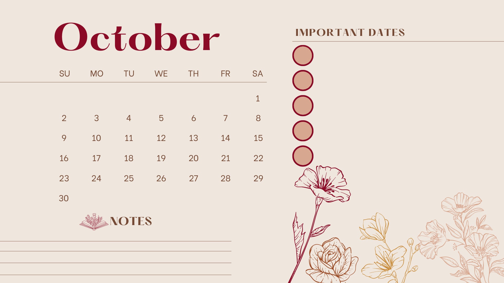 A3 October Printable Calendar, Floral Burgundy - Etsy