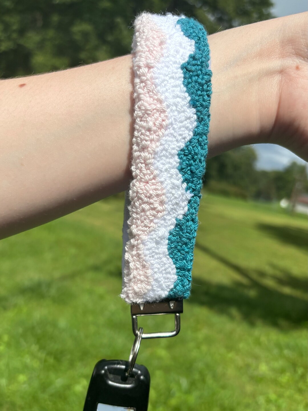 Punch Needle Keychain, Wristlet, Pink Wristlet, Blue Keychain, White ...
