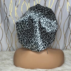 Double Satin Reversable Adjustable Hair Bonnet Black and Silver Leopard ...