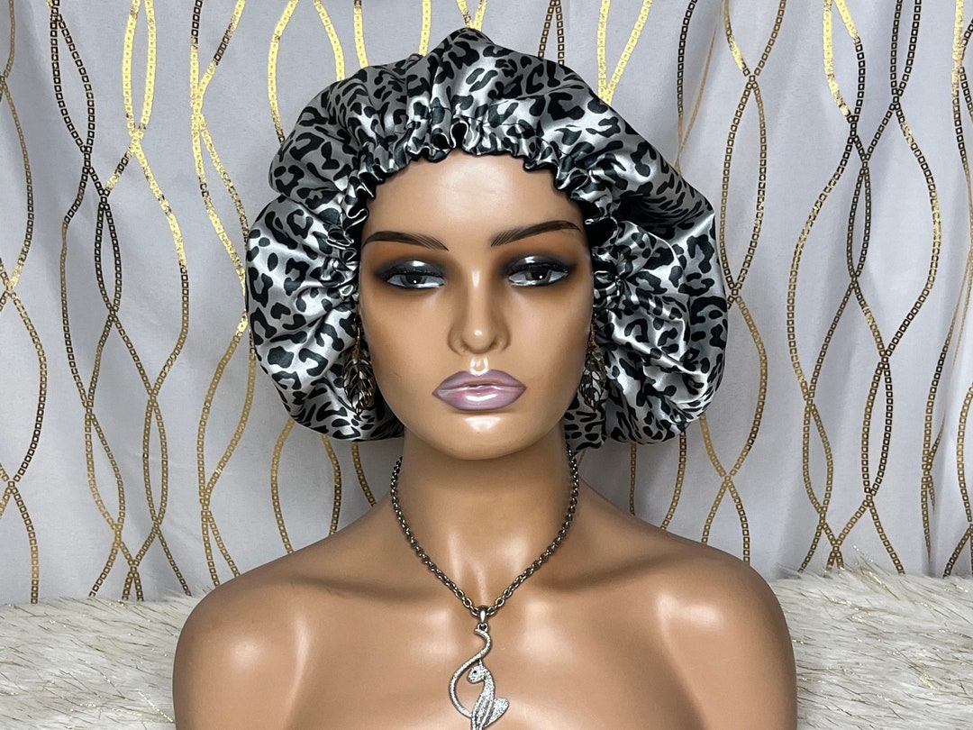 Double Satin Reversable Adjustable Hair Bonnet Black and Silver Leopard ...