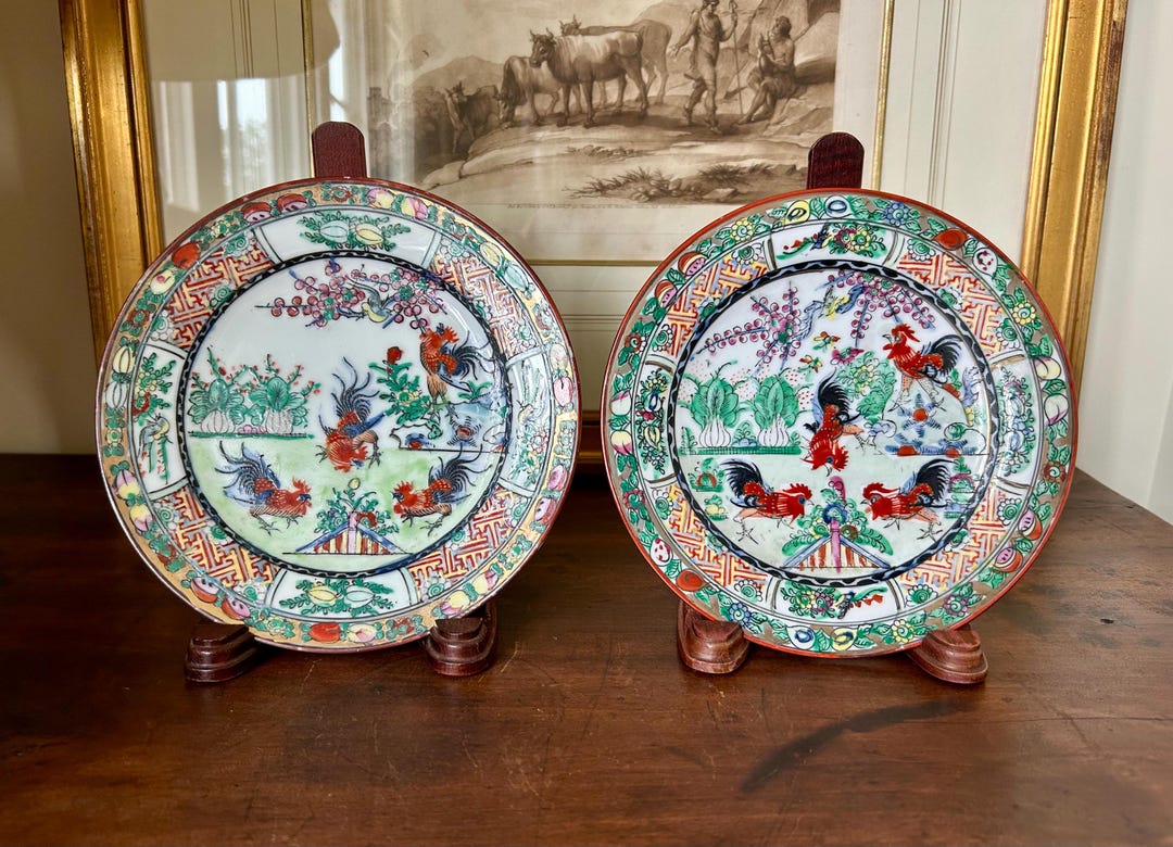 Vintage Famille Rose Rooster Plates: Hand-painted Macau Porcelain, 7 ...