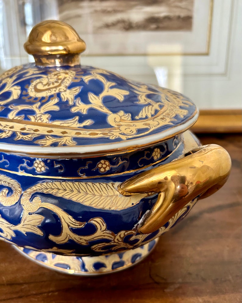 Vintage Oval Lidded Compote W/ Striking Gilded Floral Decoration on a ...