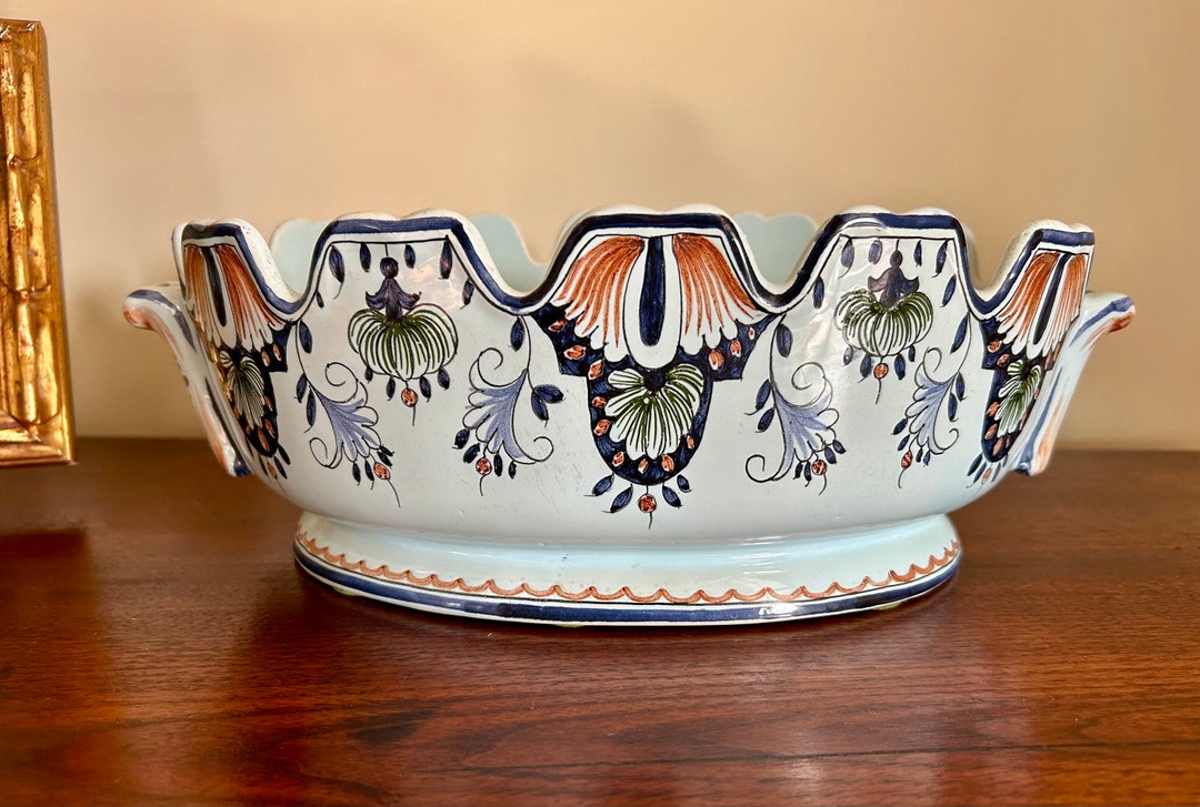 Vintage Hand Painted French Ceramic Faience, Cache Pot, Jardiniere With ...