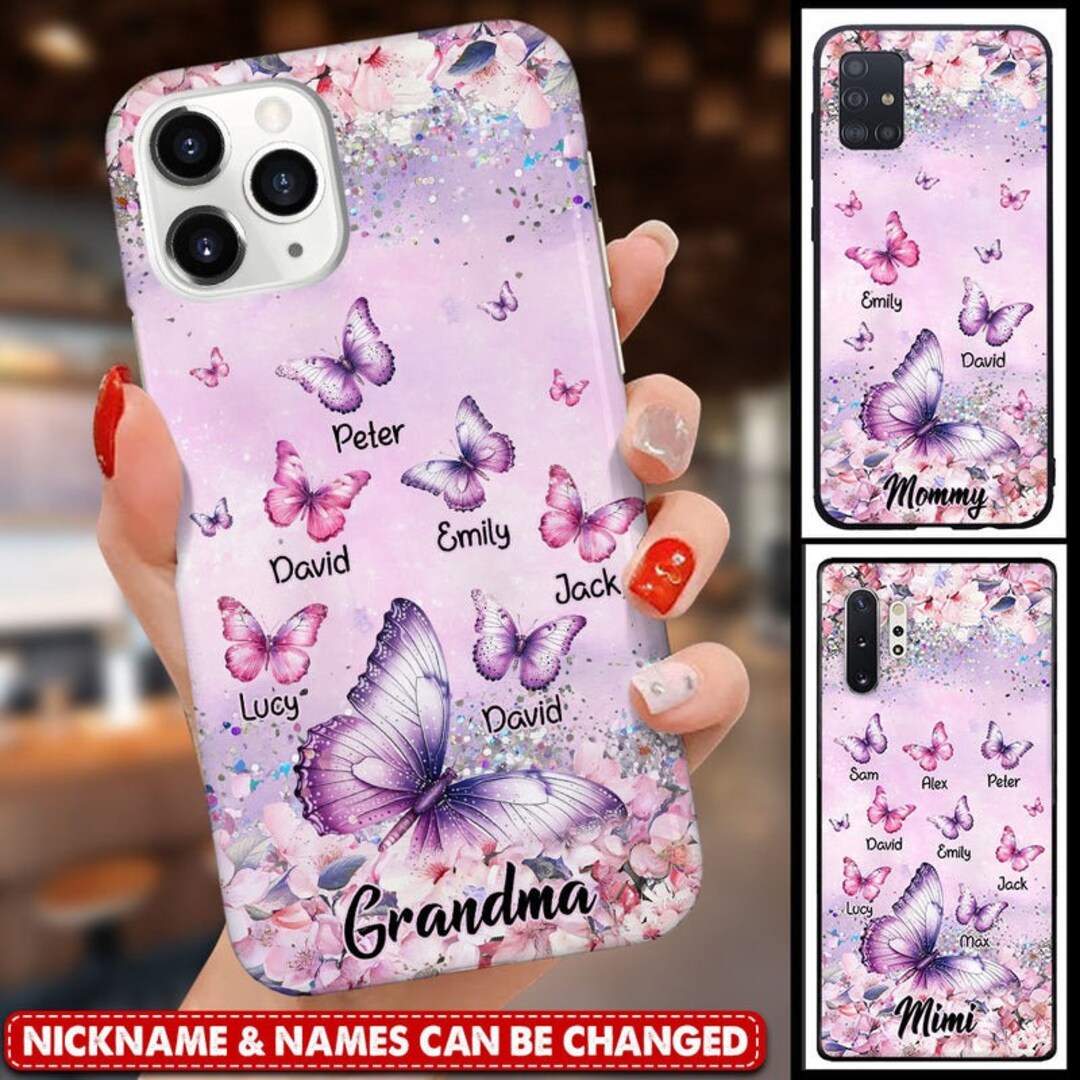 Glitter Flowery Butterfly Grandma Auntie Mom Kids Personalized Phone ...