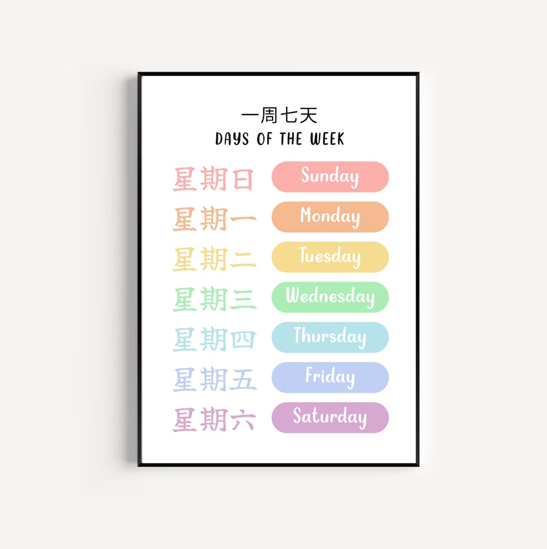 Days of the Week Poster, Simplified Chinese and English, Bilingual ...