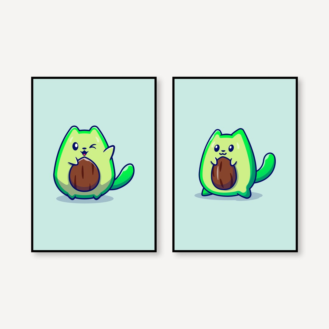Cute Avocado Cat Avocat Green Kawaii Artwork Poster Wall Art Decoration ...