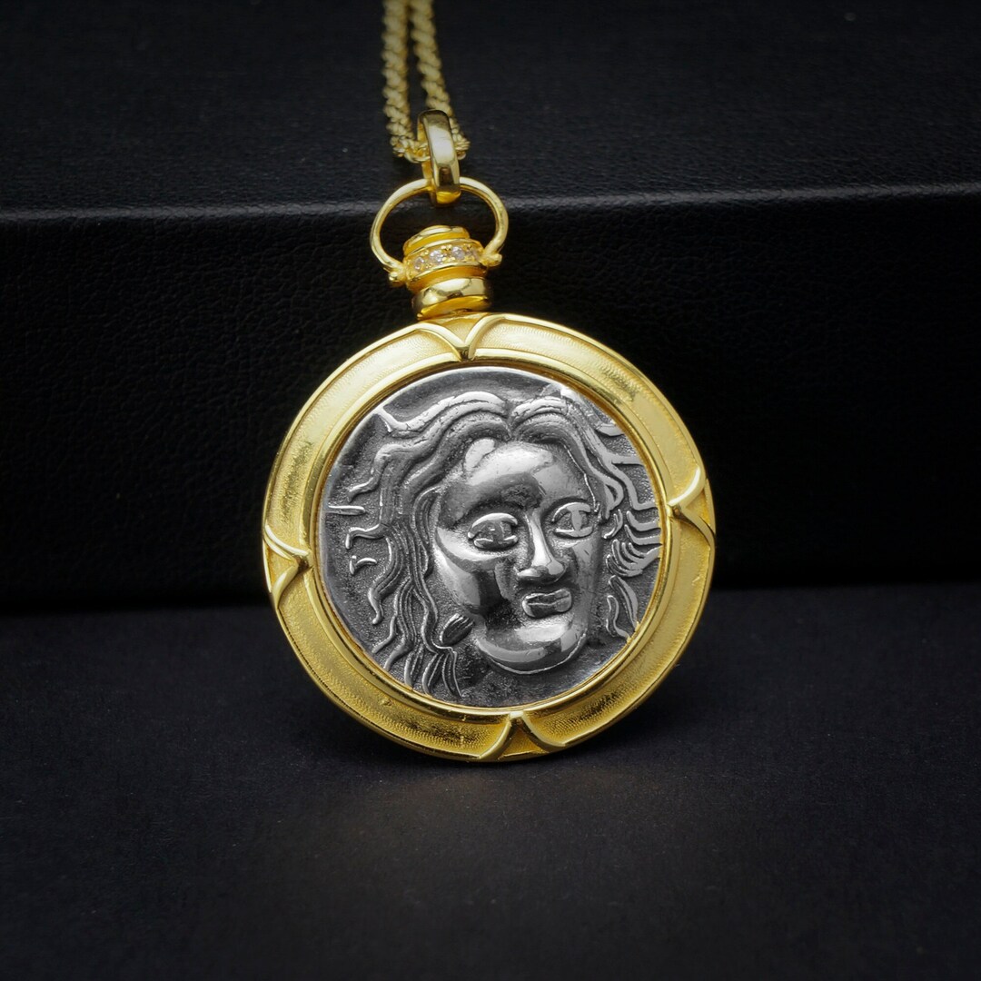 Ancient Greek Gold Coin Replica Pendant, Helios Sun God Coin Necklace ...