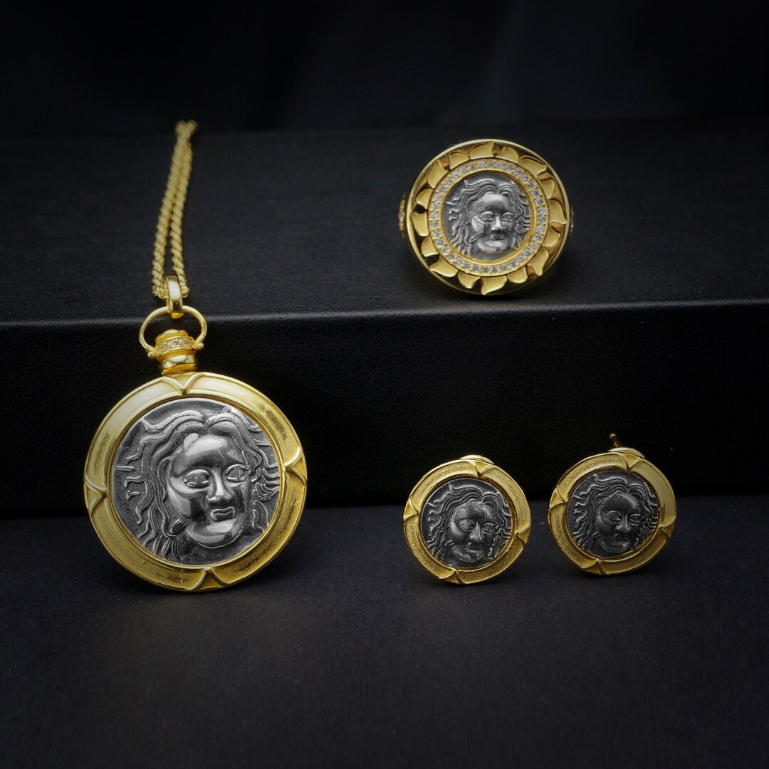 Helios Ancient Sun God Silver Jewelry Set Ancient Greek Gold Coin ...