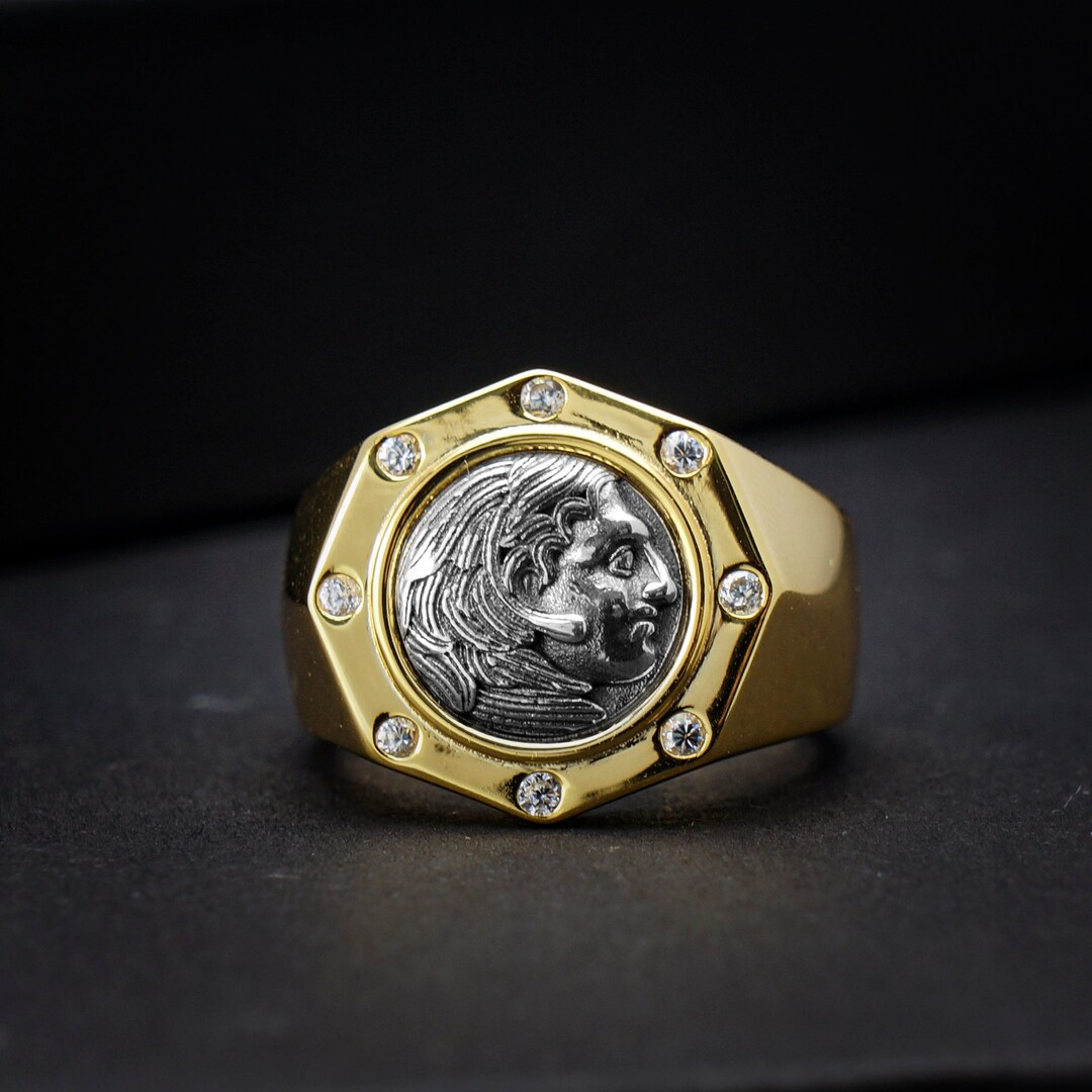Coin Ring of Hercules Gold Signet Ring Vintage Boho Coin Ring Intaglio ...
