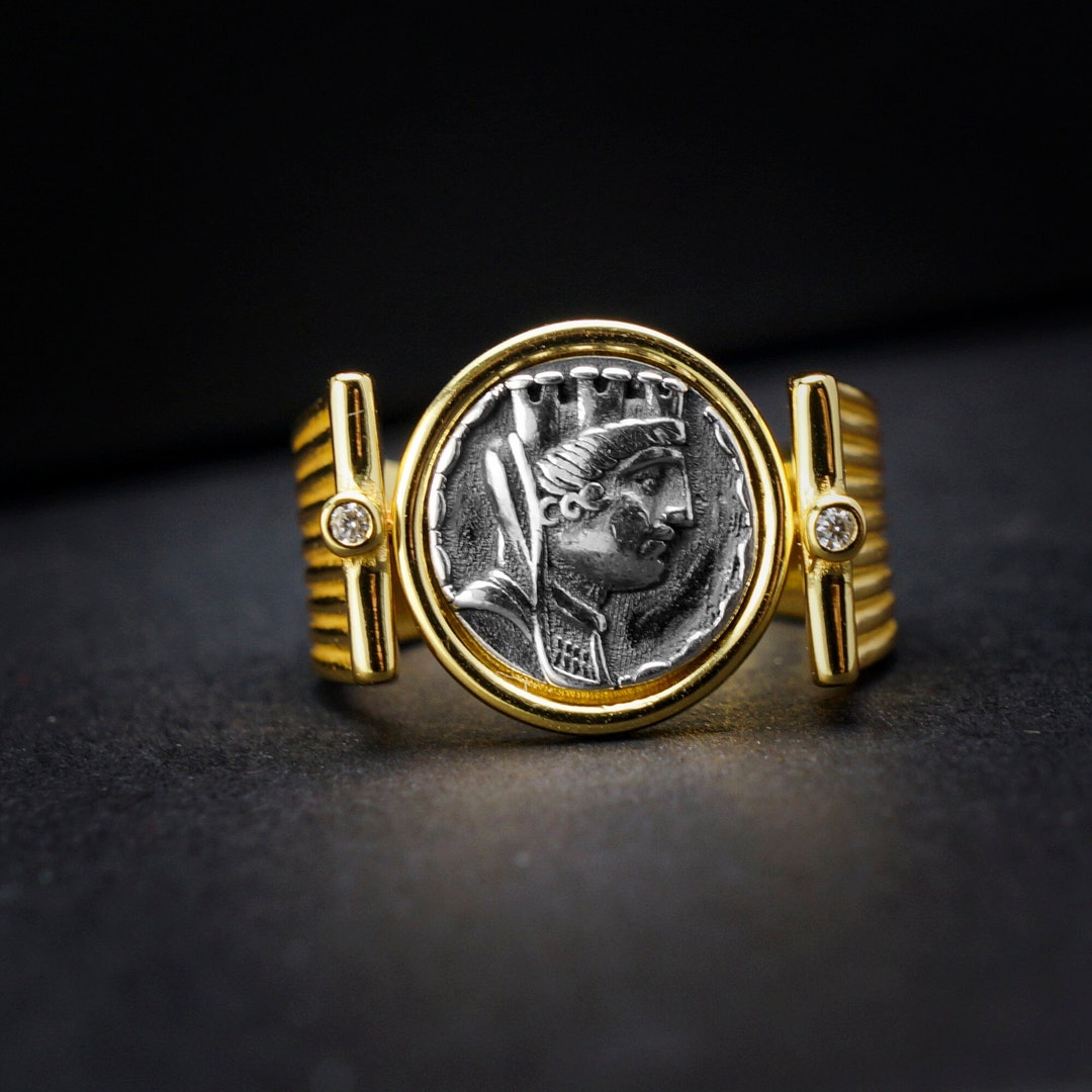 Tyche Silver Plated Gold Coin Ring Double Sided Engraved Coin Signet ...