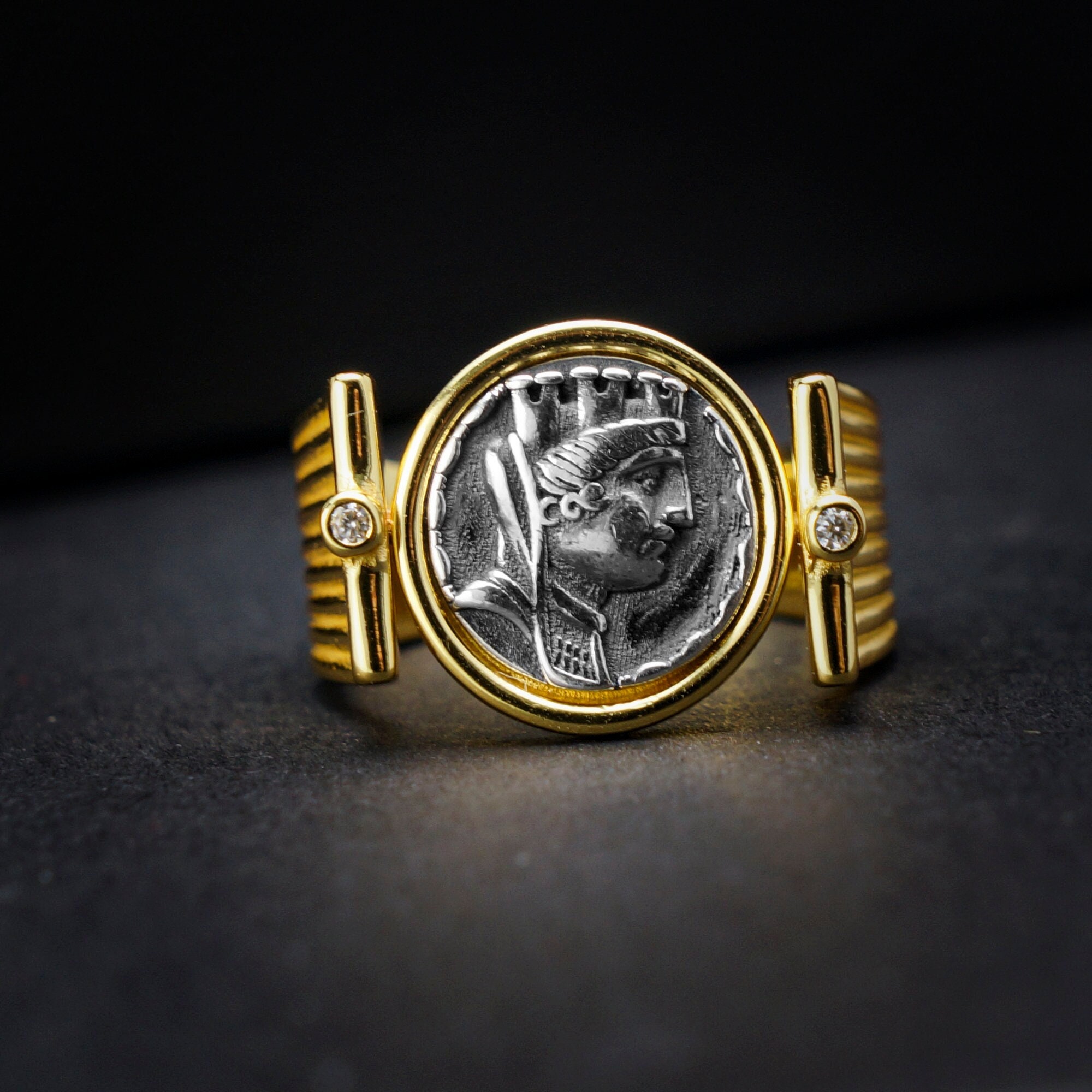 Tyche Silver Plated Gold Coin Ring Double Sided Engraved Coin Signet Ring Hobo Nickel Ring ...
