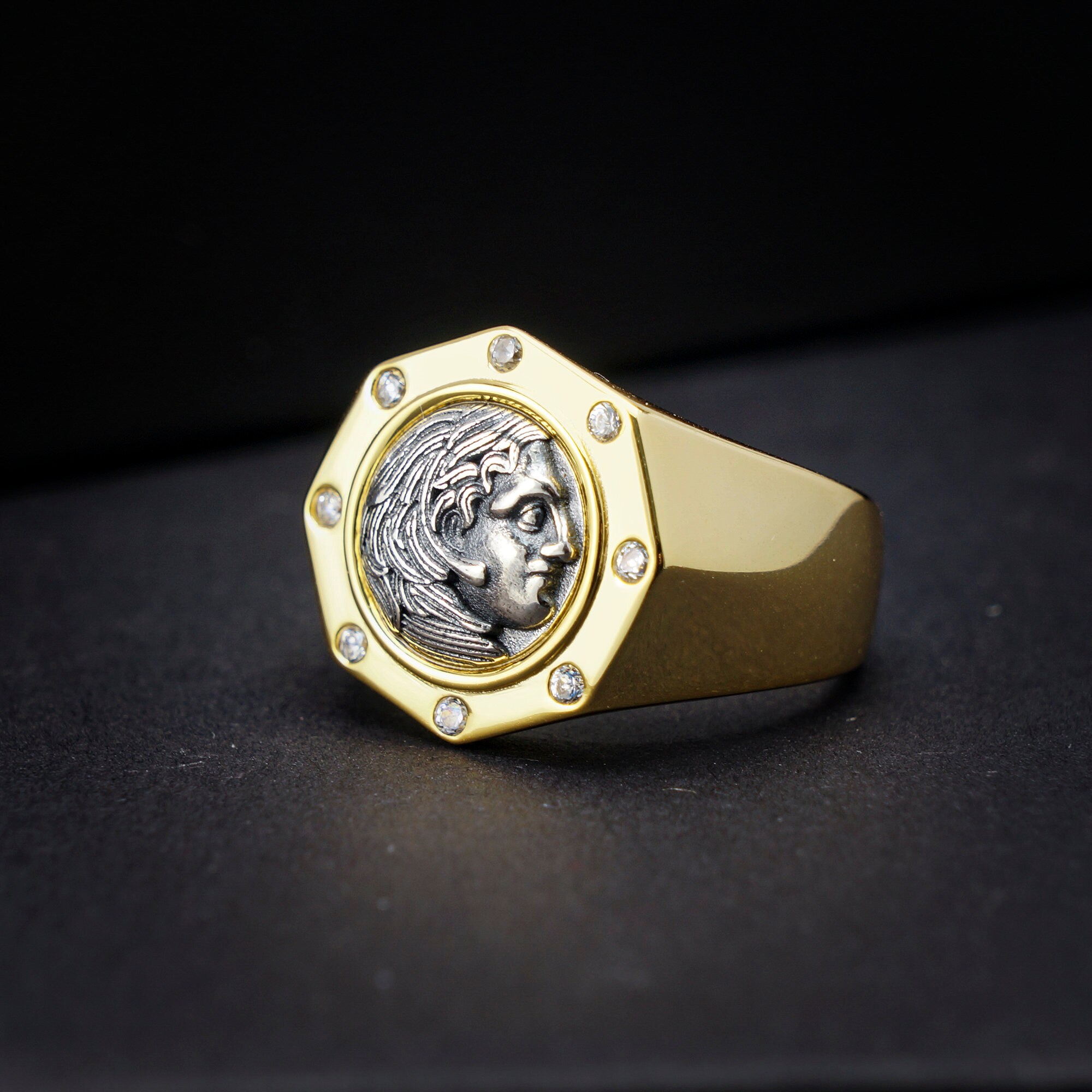 Coin Ring of Hercules Gold Signet Ring Vintage Boho Coin Ring Intaglio ...