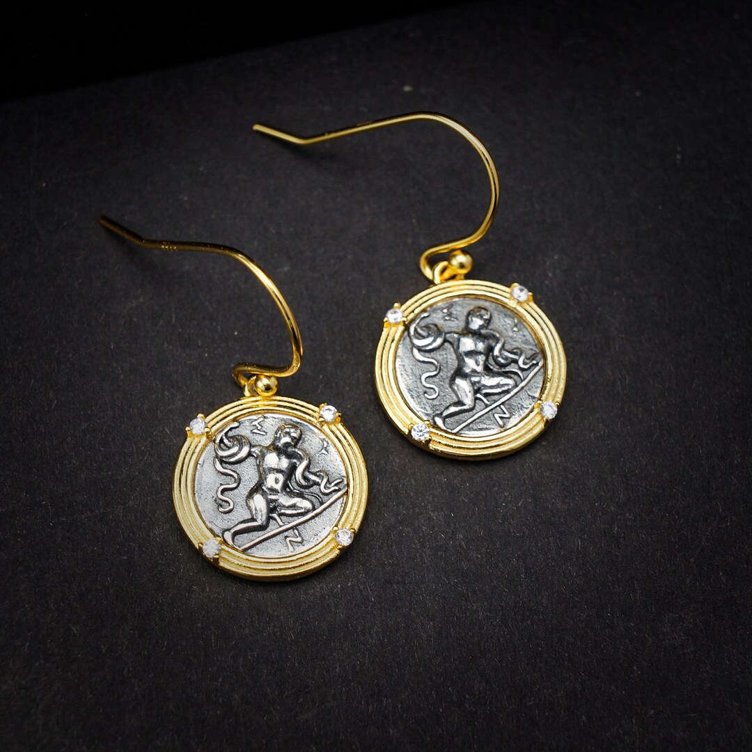 Hercules Silver Signet Earrings Vintage Coin Earring Gold Coin Earrings ...