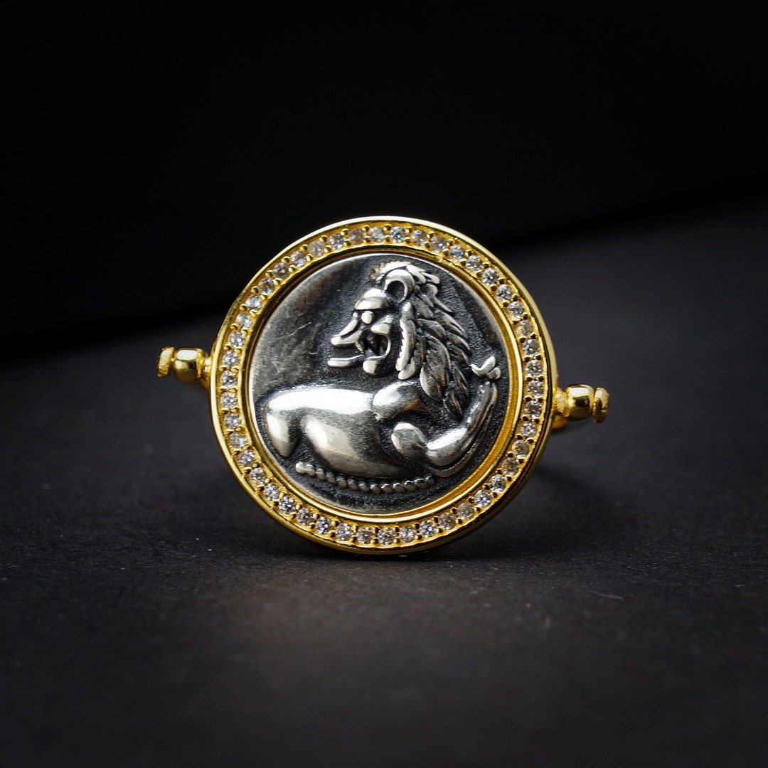 Retro Ancient Greek Looking Back Lion Coin Ring S925 Sterling Silver ...