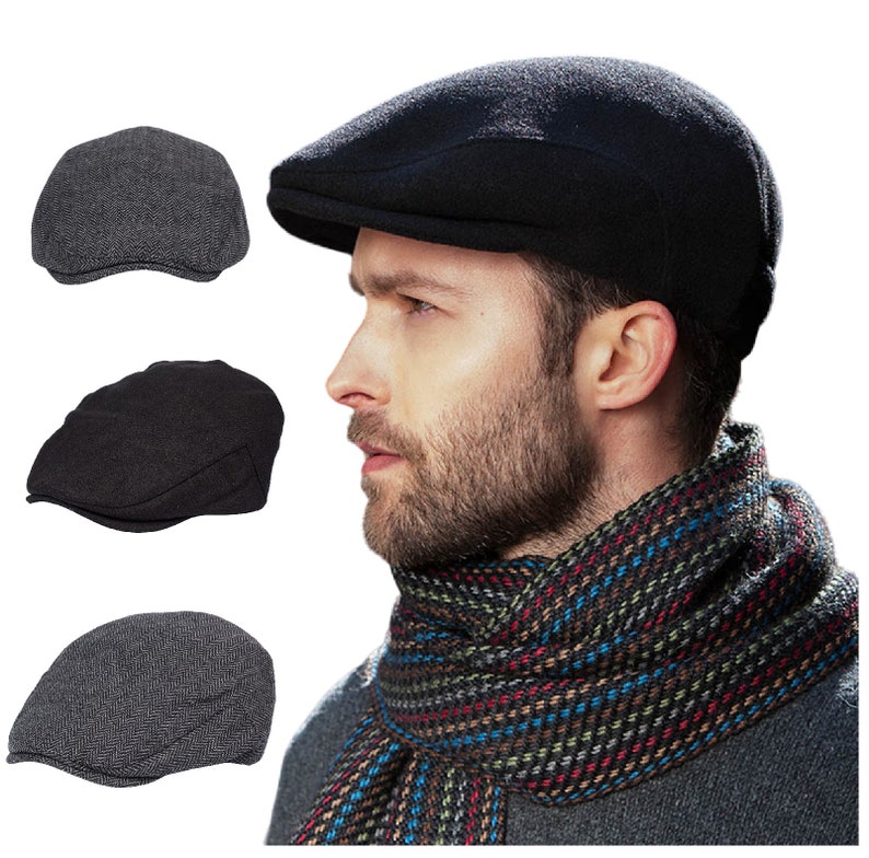 Flat Cap Men's Herringbone Plain Tweed Wool Hat Newsboy Gatsby Vintage ...