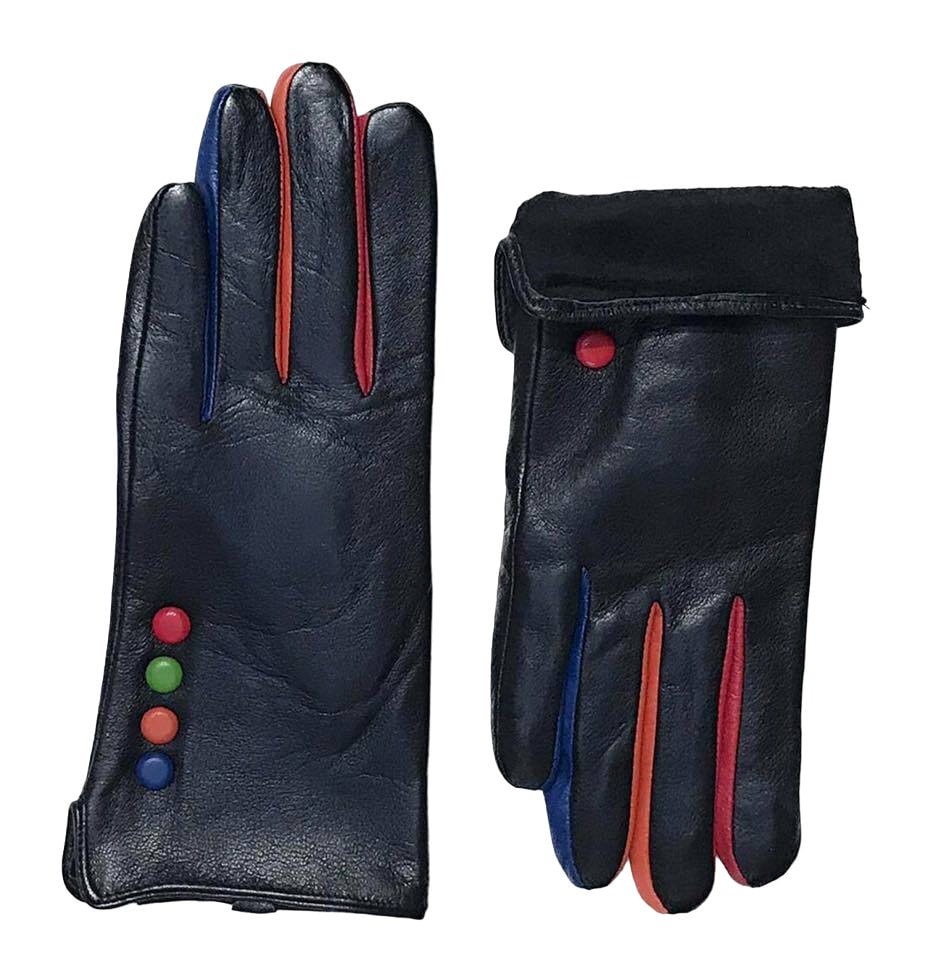Black Leather Gloves Button Multi Coloured Ladies Leather Glove Women's ...