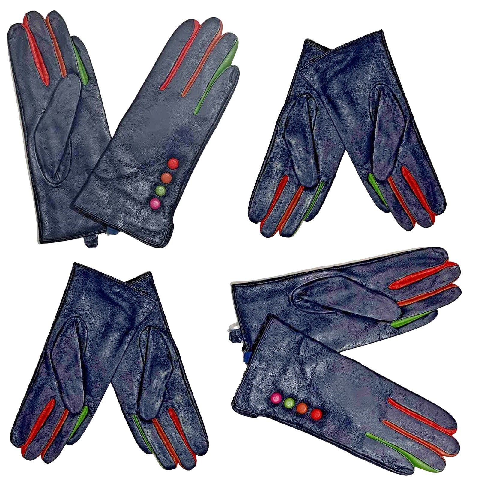 Navy Leather Gloves Button Multi Coloured Ladies Leather Glove Women's ...