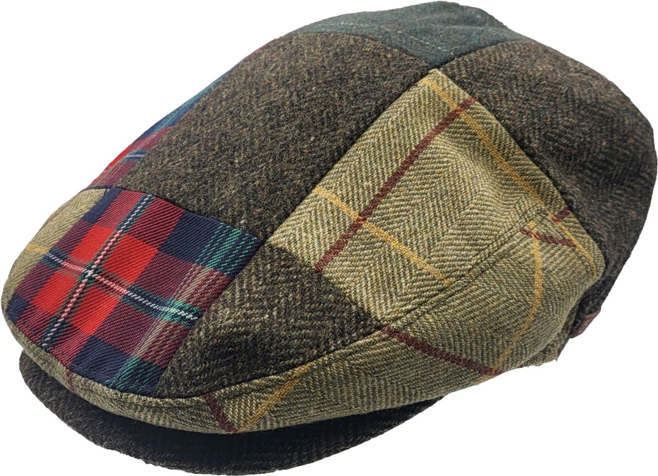 Patchwork Flat Cap Mens Herringbone Check Tweed Wool Newsboy Gatsby ...