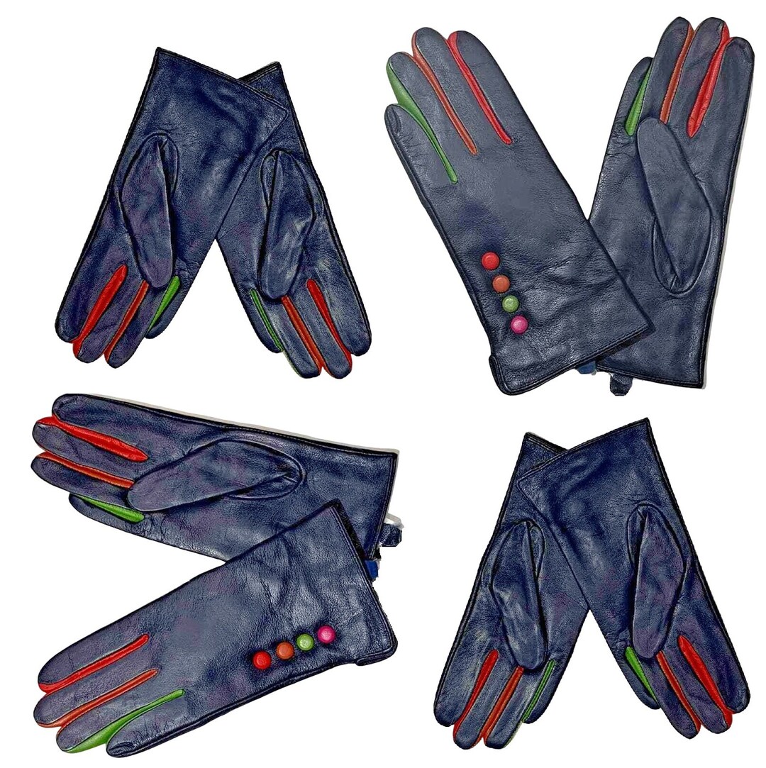 Navy Leather Gloves Button Multi Coloured Ladies Leather Glove Women's ...