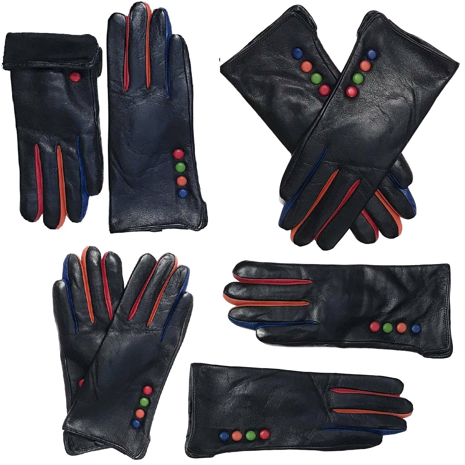 Black Leather Gloves Button Multi Coloured Ladies Leather - Etsy