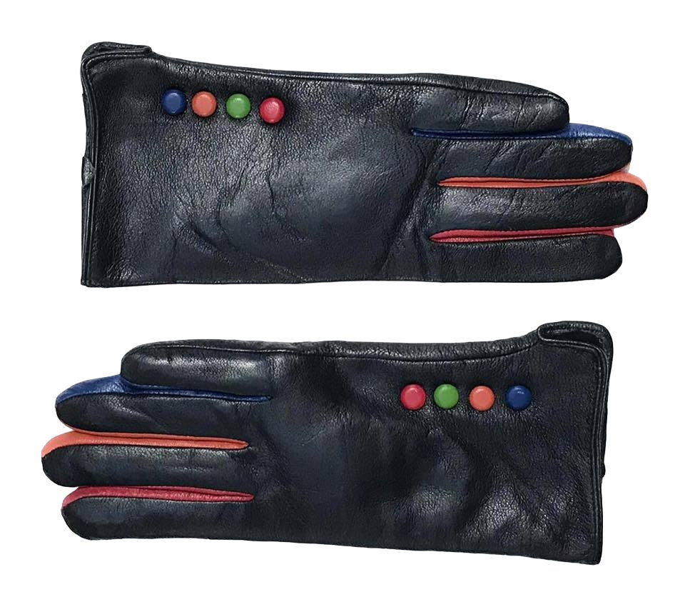Black Leather Gloves Button Multi Coloured Ladies Leather Glove Women's ...
