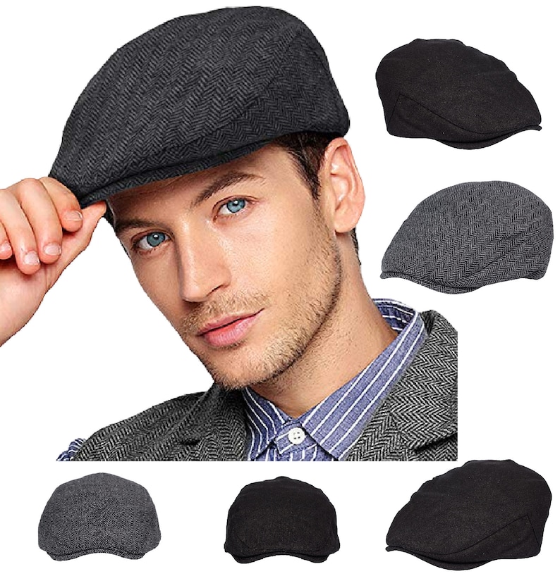 Flat Cap Men's Herringbone Plain Tweed Wool Hat Newsboy Gatsby Vintage ...