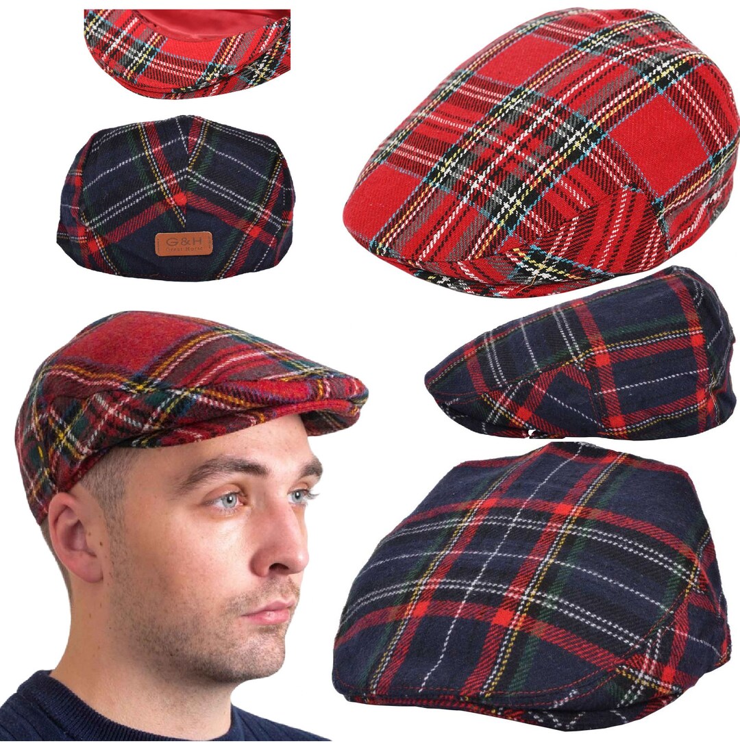 Mens Flat Tartan Cap Scottish Herringbone Harris Tweed Wool Bakerboy ...