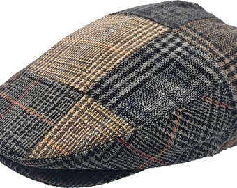 Patchwork Flat Cap Mens Herringbone Check Tweed Wool Newsboy Gatsby ...
