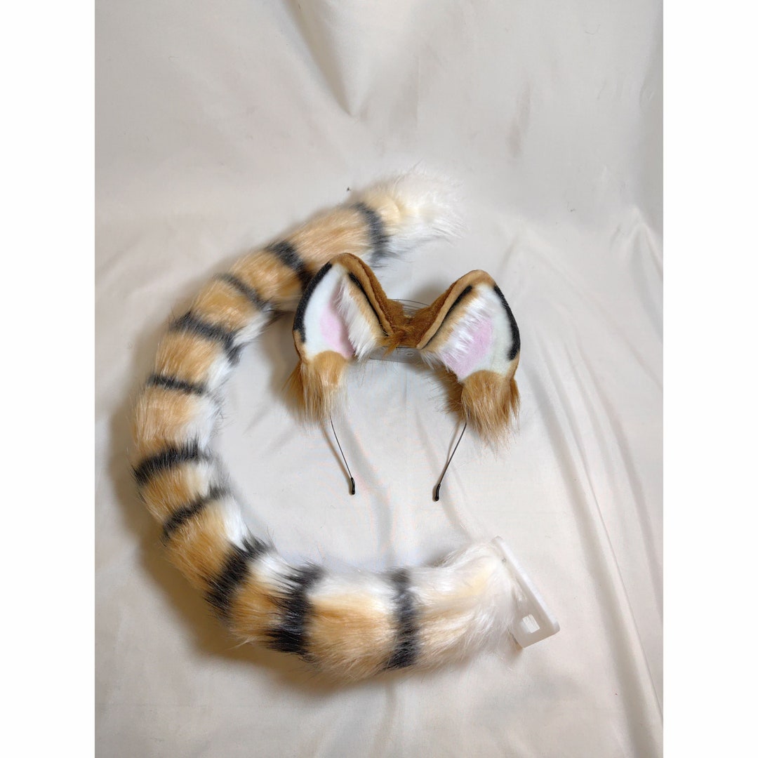 Furry Tiger Ears Tail Set With Transparent Belt , Yellow Black Stripe ...