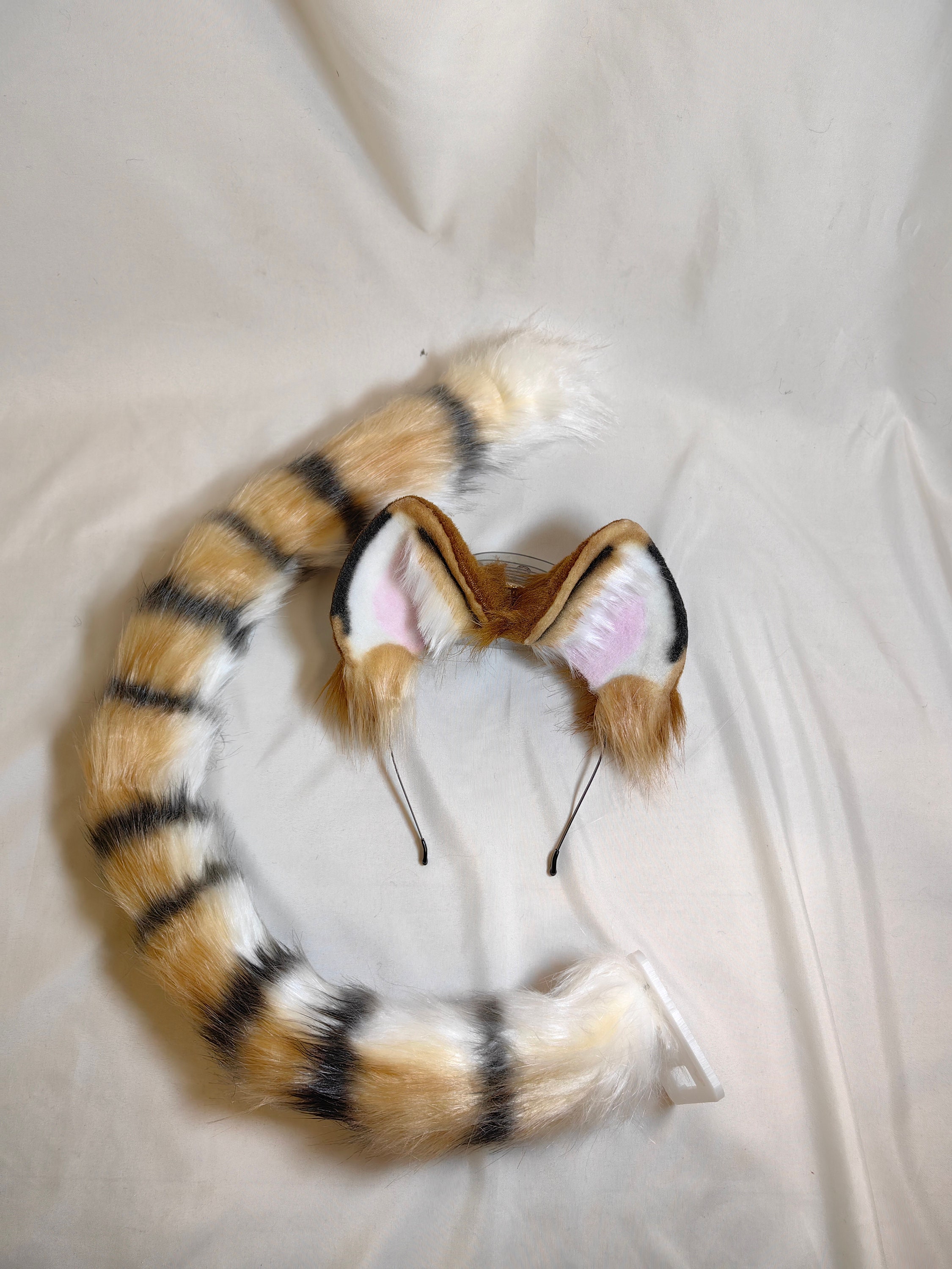 Furry Tiger Ears Tail Set With Transparent Belt , Yellow Black Stripe ...