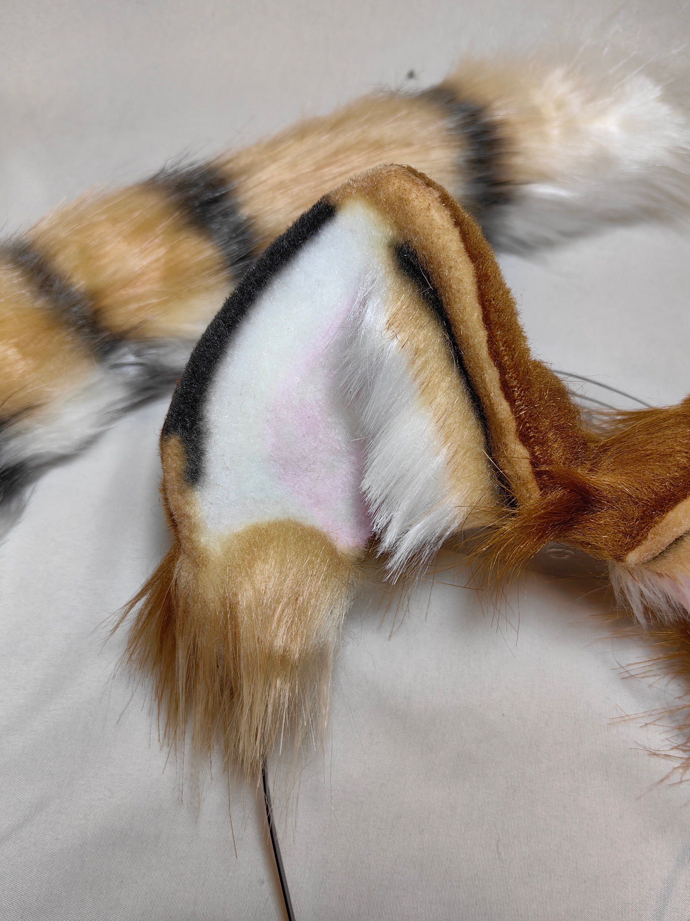 Furry Tiger Ears Tail Set With Transparent Belt , Yellow Black Stripe ...