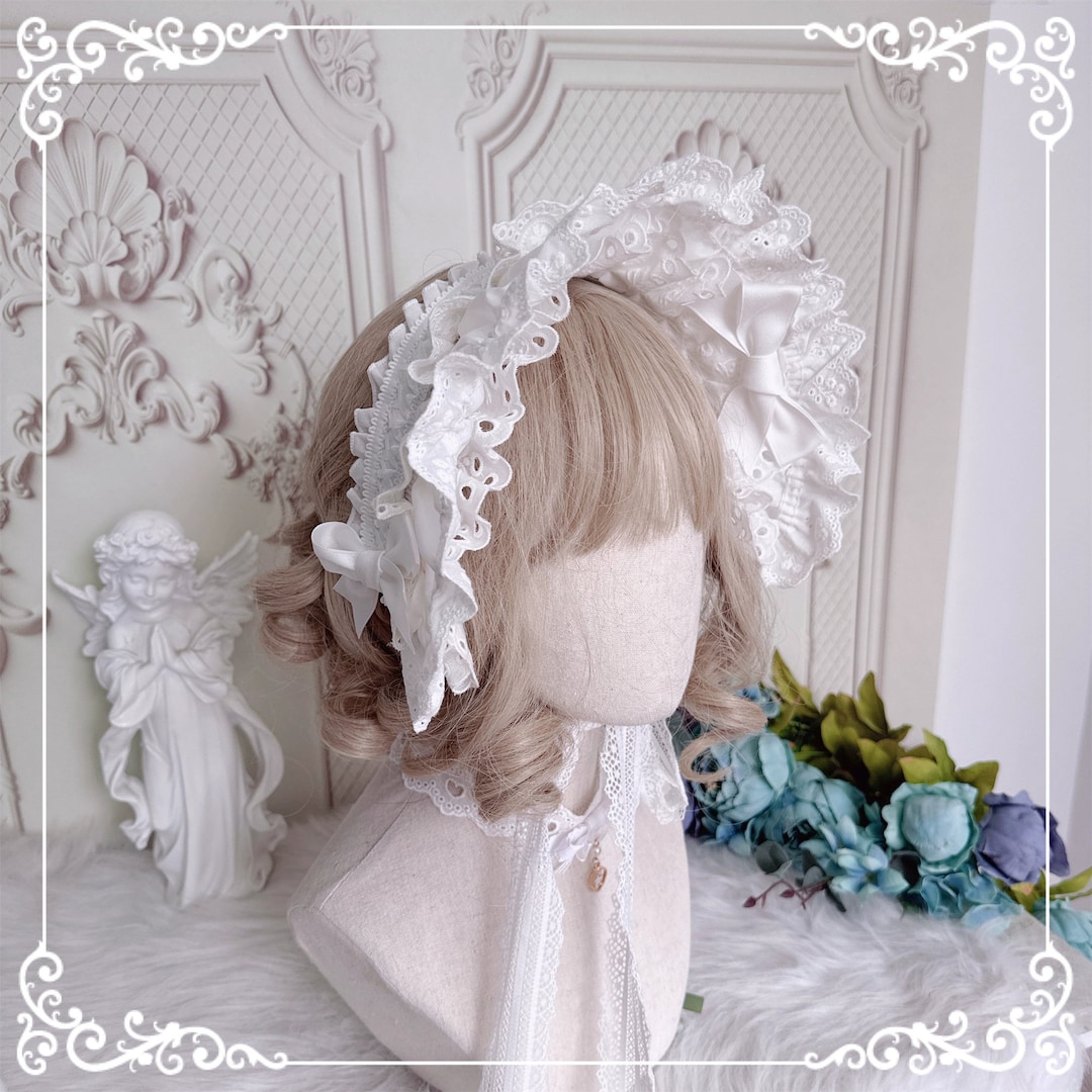 6 Colors Cotton Lace Rococo Hat With Lace Tape, Handmade Bonnet Hats for Lolita Party, White ...