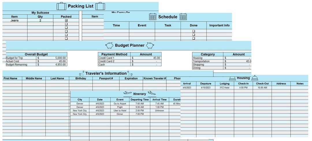Travel Itinerary Customizable Excel Travel Itinerary Budget Planner for ...