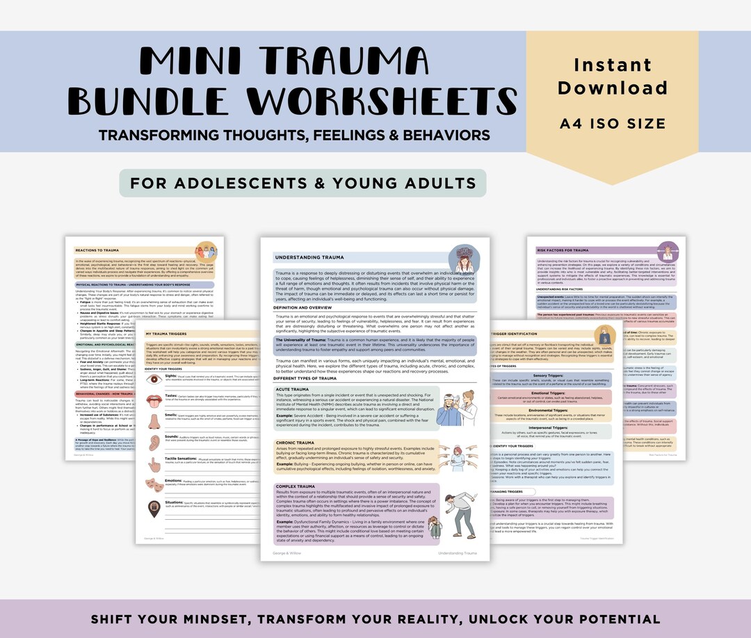 Trauma Therapy Worksheet Bundle for Teens and Young Adults, Social ...