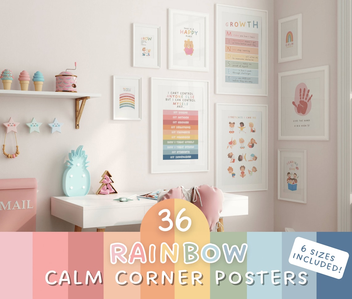 Calm Corner Posters in Rainbow Colors, Therapy Office Decor ...