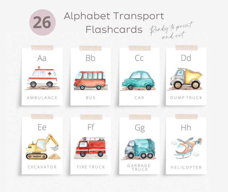 Alphabet Flashcards of Transport Vehicles, Flash Cards Toddlers ...